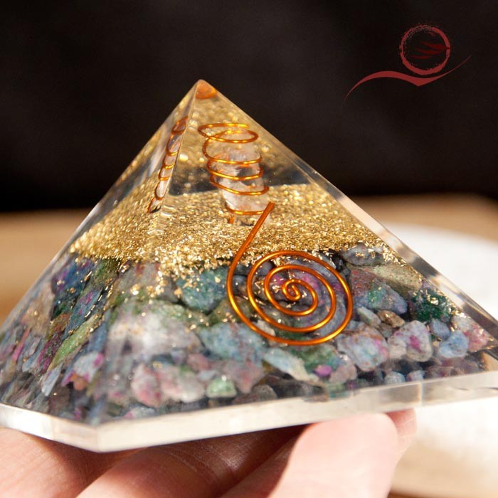 Orgone pyramid in ruby and kyanite